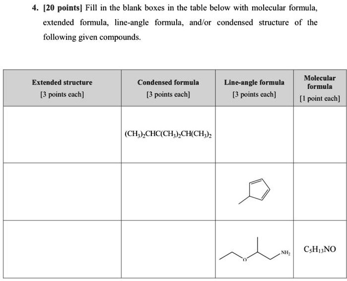 20 points fill in the blank boxes in the table below with molecular ...