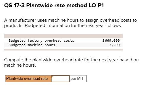 SOLVED: QS 17-3 Plantwide rate method LO P1 A manufacturer uses machine ...