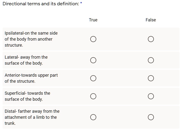 SOLVED: Directional terms and their definitions: True False Ipsilateral ...