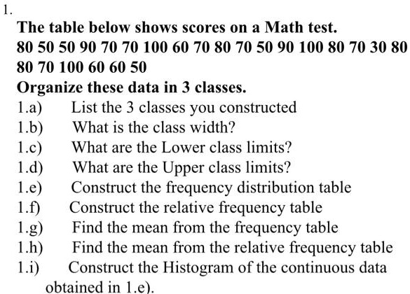 SOLVED: please do ASAP The table below shows scores on a Math test 80 ...