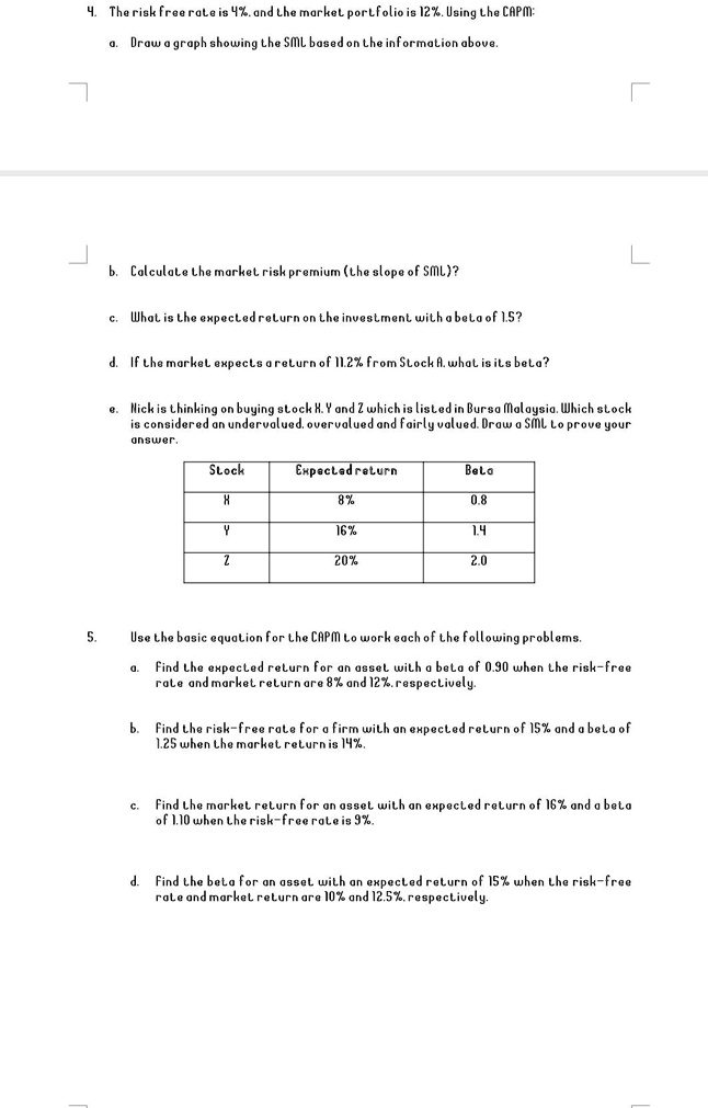 The risk-free rate is 4% and the market portfolio is 12%. Using the CAPM: a. Draw a graph ...
