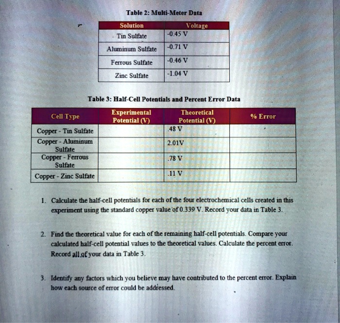 SOLVED: Table 2 - Multi-Meter Data Solution Tin Sulfate Voltage: 0.45 V Aluminum Sulfate Voltage ...