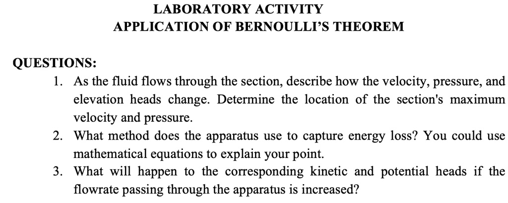 laboratory activity application of bernoullis theorem questions 1 as ...