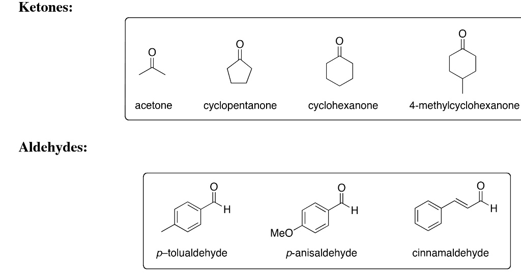 Ketones: Aldehydes: acetone cyclopentanone cyclohexanone 4-...