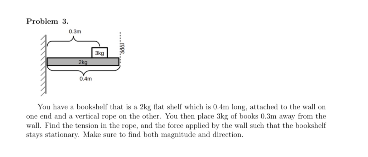 SOLVED: Problem 3. You have a bookshelf that is a 2 kg flat shelf which ...