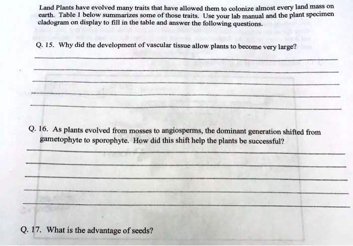 SOLVED: Land Plants have evolved many traits that have allowed them to ...