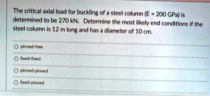 SOLVED: The critical axial load for buckling of a steel column (E = 200 ...