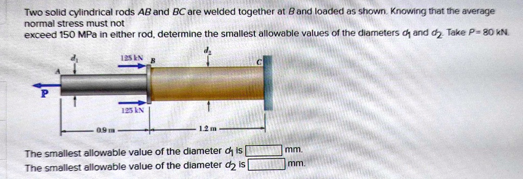 Given values in the question: P = 80 kN Average normal stress must not exceed 150 MPa in either ...