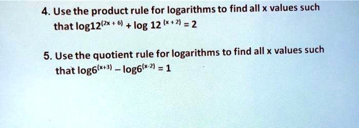 SOLVED: 4. Use the product rule for logarithms to find all x values such that log12(x + 6) + log ...