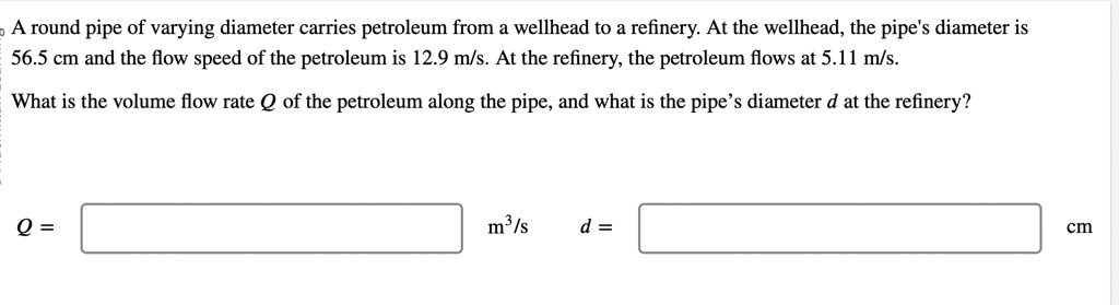 SOLVED: A round pipe of varying diameter carries petroleum from a ...