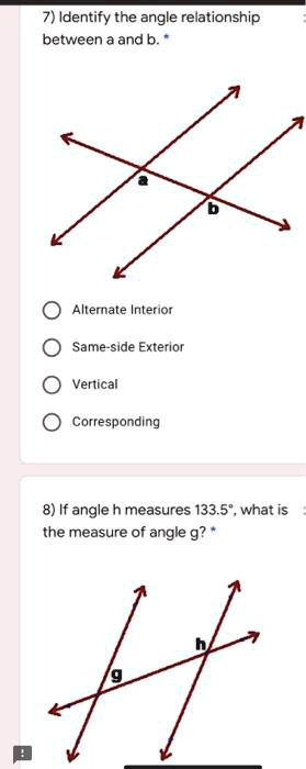 SOLVED: 7) Identify the angle relationship between a and b Altemate ...