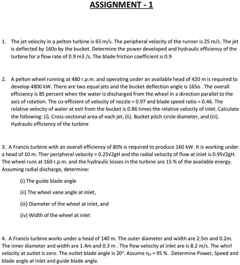 assignment 1 1 the jet velocity in a pelton turbine is 65 ms the ...