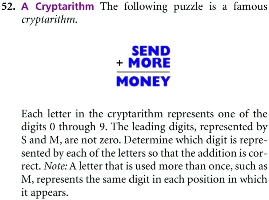 52. A Cryptarithm The following puzzle is a famous cryptarithm. SEND ...