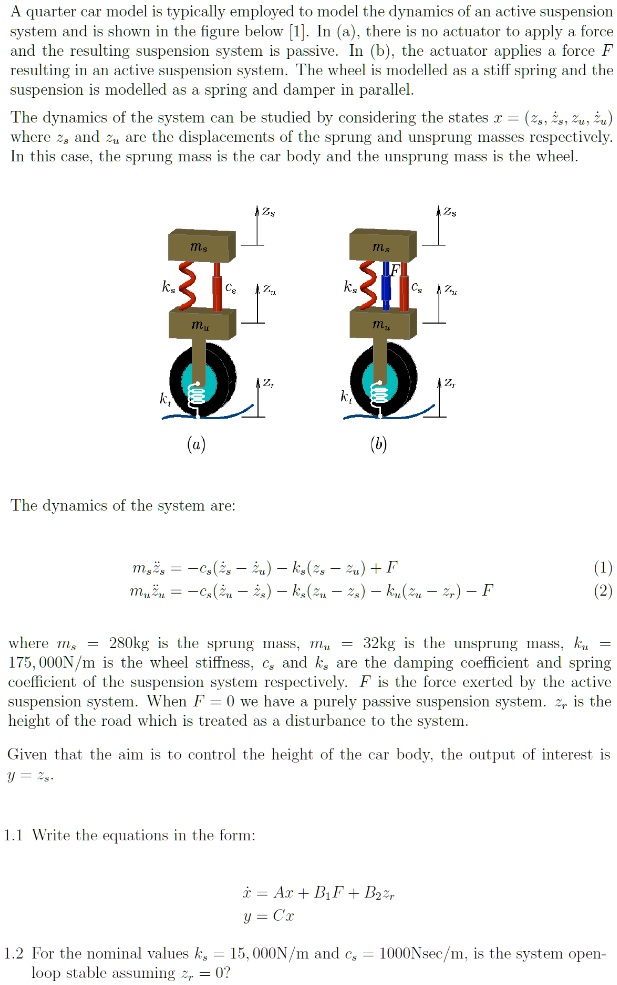 SOLVED: A quarter car model is typically employed to model the dynamics ...