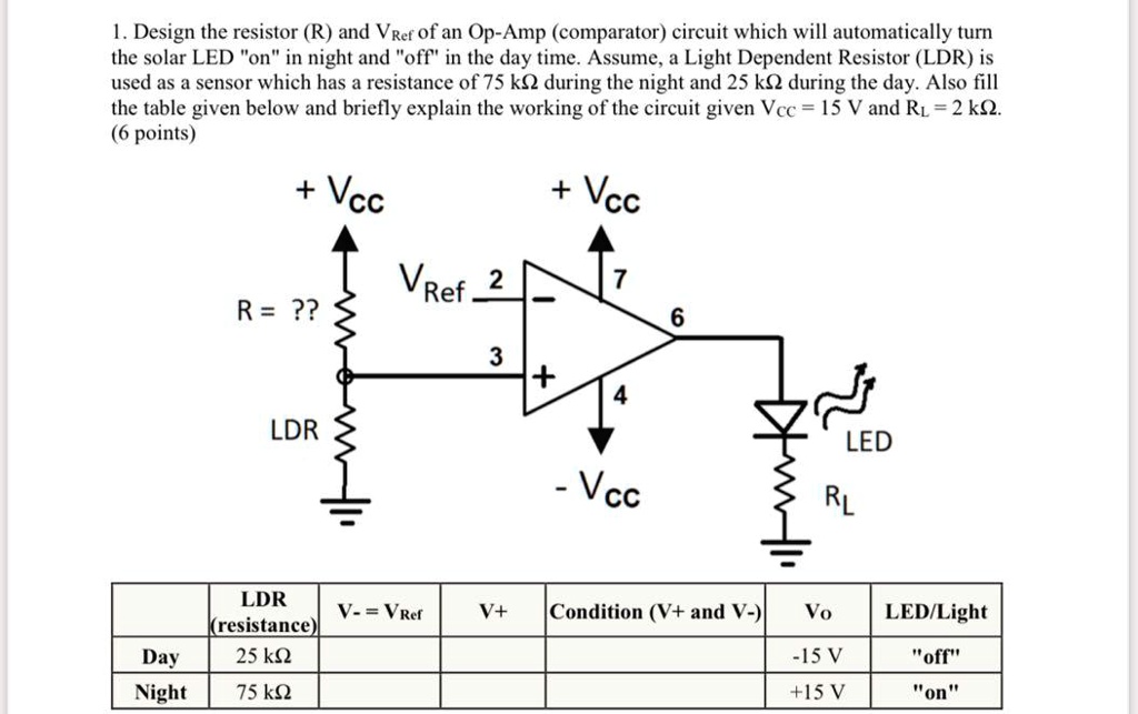 SOLVED: Design the resistor (R) and VRef of an Op-Amp comparator circuit which will ...