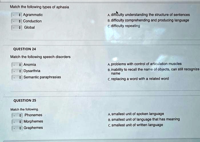 Match the following types of aphasia Agrammatic Conduction Global A ...