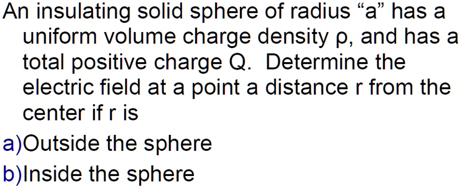 An insulating solid sphere of radius "a" has a uniform volume charge density ρ, and has a total ...