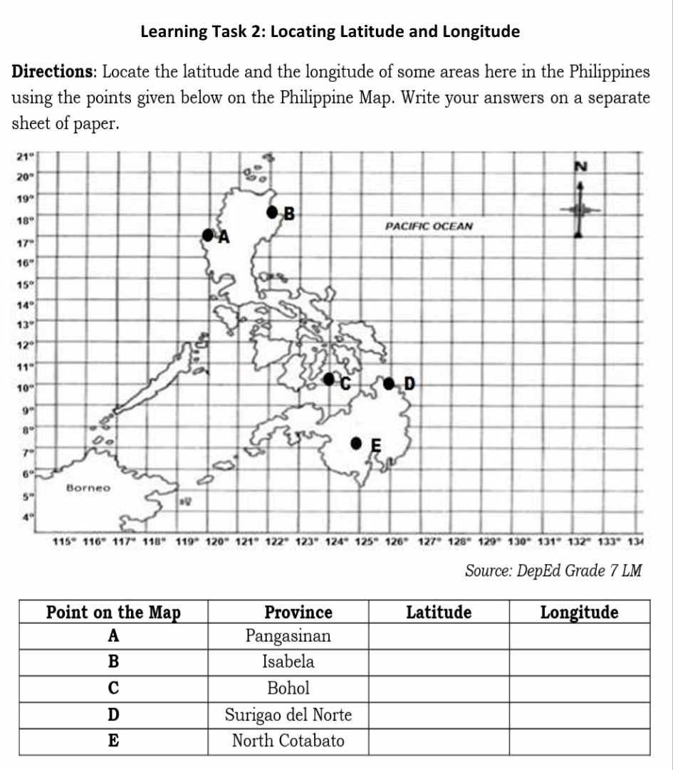 Learning Task 2: Locating Latitude and Longitude Directions: Locate the latitude and the ...