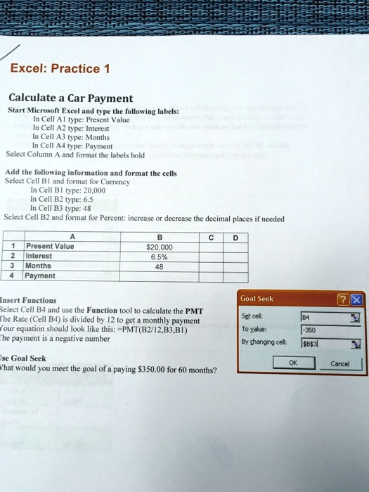 SOLVED: Calculate a Car Payment Start Microsoft Excel and type the ...
