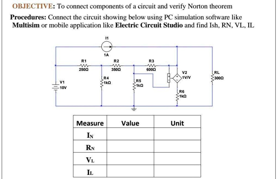SOLVED: OBJECTIVE: To connect components of a circuit and verify Norton's theorem. Procedures ...