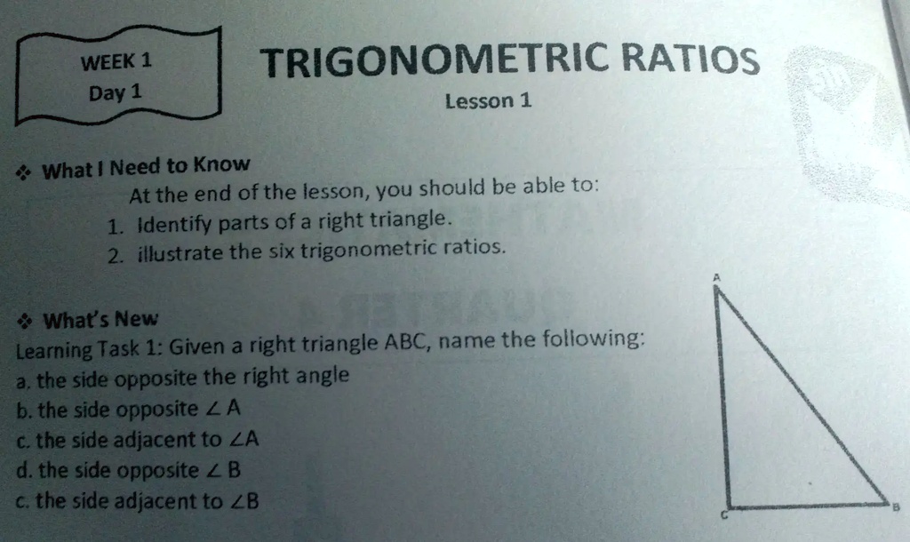 WEEK 1 Day 1 What I Need to Know TRIGONOMETRIC RATIOS Lesson 1 At the ...