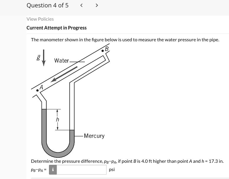 Question 4 of 5 View Policies Current Attempt in Progress The manometer shown in the figure ...