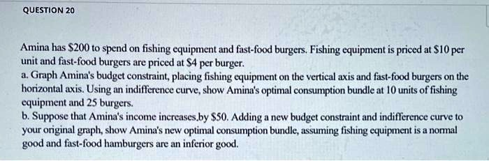 Amina has 200 to spend on fishing equipment and fast-food burgers ...