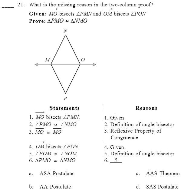 SOLVED: 'please help am smol brain 21. What is the missing reason in the two-column proof? Given ...