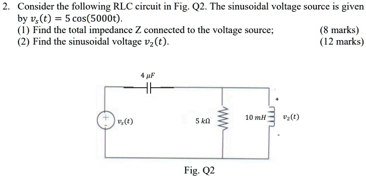 SOLVED: Consider the following RLC circuit in Fig. Q2. The sinusoidal voltage source is given by ...