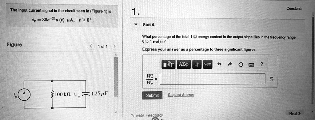 The input current signal in the circuit seen in (Figure 1) is ig = 30e^-2tu(t) μ A, t ≥ 0 ...