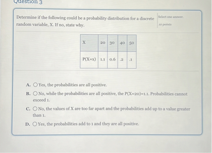 SOLVED: Question 3 Determine if the following could be a probability distribution for a discrete ...