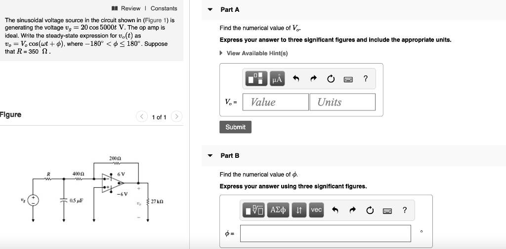 SOLVED: Part A The sinusoidal voltage source in the circuit shown in Figure 1 is generating the ...
