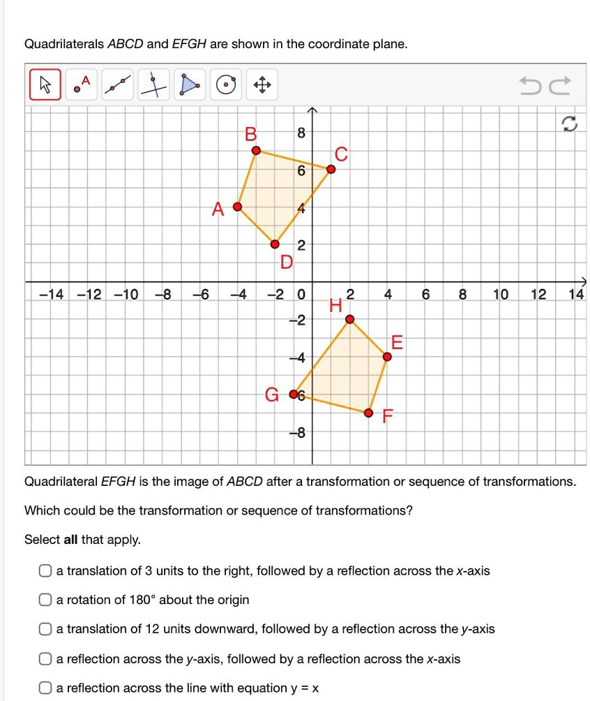 Quadrilaterals ABCD and EFGH are shown in the coordinate plane. Quadrilateral EFGH is the image ...