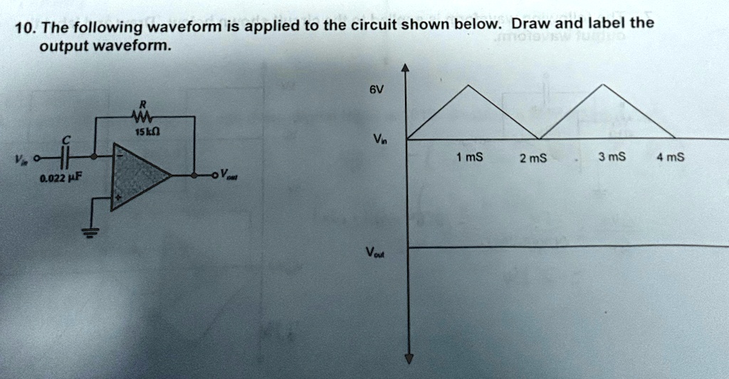 10. The following waveform is applied to the circuit shown below. Draw and label the output ...