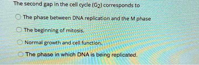 SOLVED: The second gap in the cell cycle (G2) corresponds to The phase ...