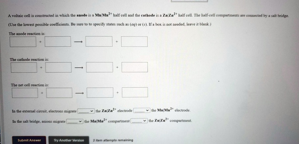 A voltaic cell is constructed in which the anode is Mn/Mn2+ half cell ...
