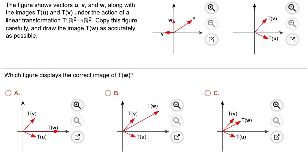 The figure shows vectors u, v, and w, along with the images T(u) and T ...