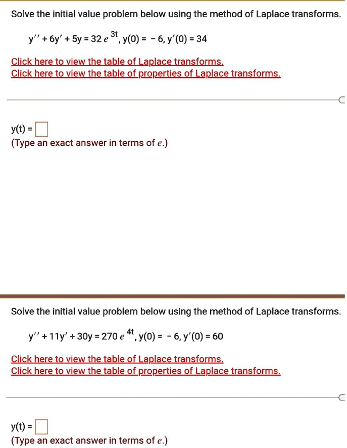Solve the initial value problem below using the method of Laplace transforms. Click here to view ...