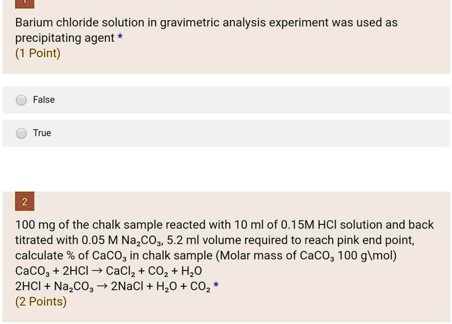 Barium chloride solution in gravimetric analysis experiment was used as a precipitating agent ...