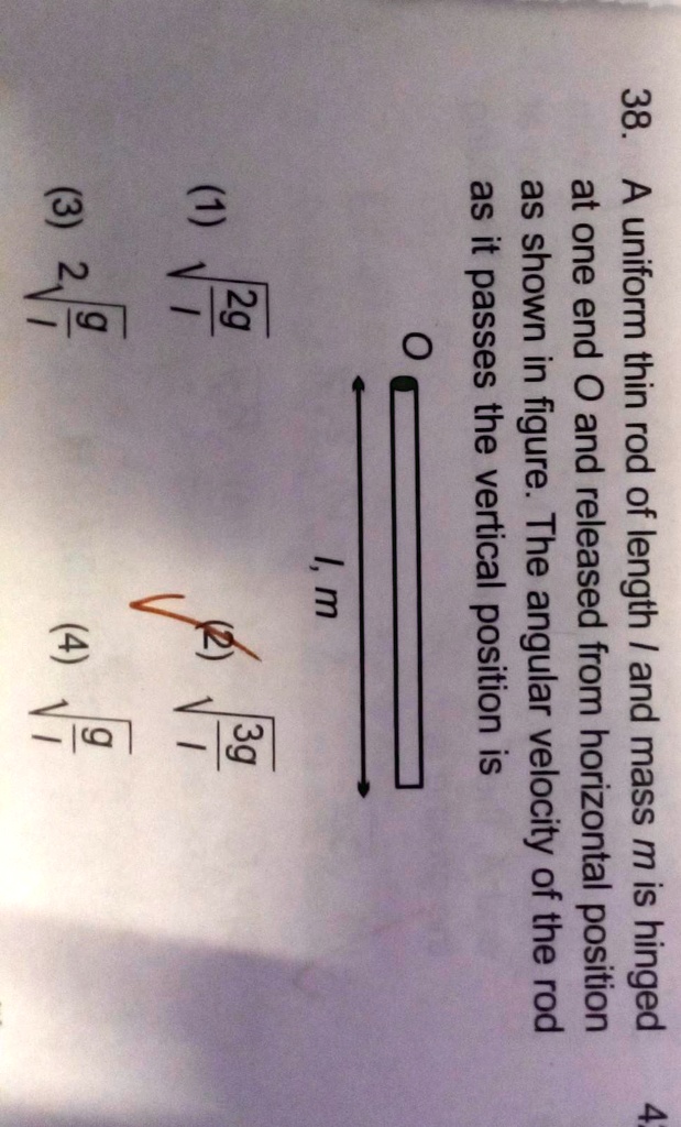 38. A uniform thin rod of length l and mass m is hinged at one end O and released from ...