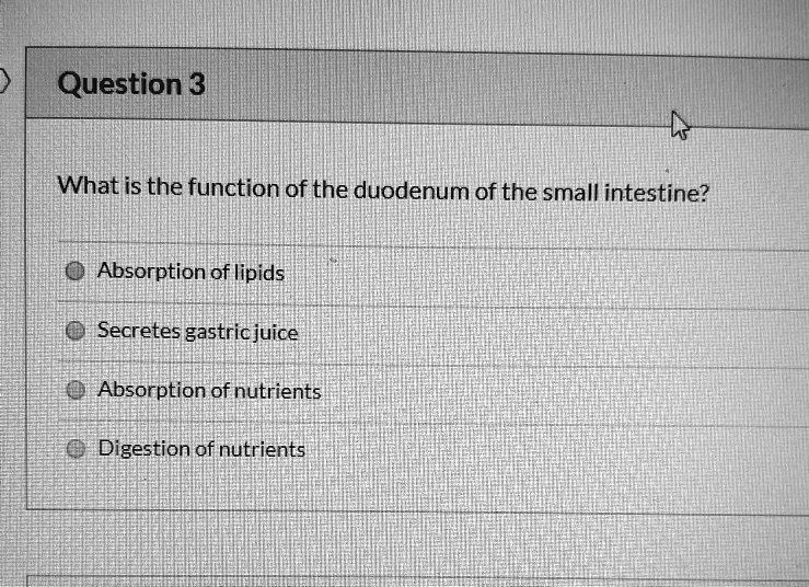 SOLVED: Question 3 What is the function of the duodenum of the small ...
