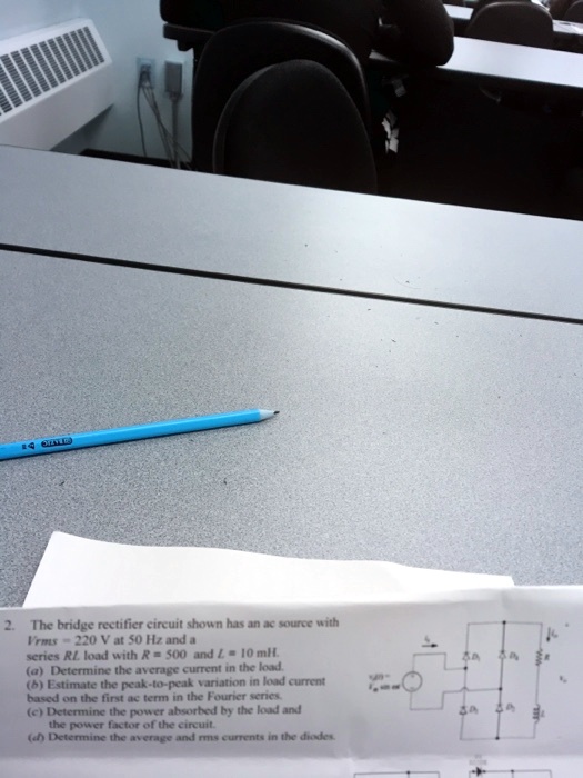 SOLVED: 2. The bridge rectifier circuit shown has an ac source with Vrms=220 V at 50 Hz and a ...