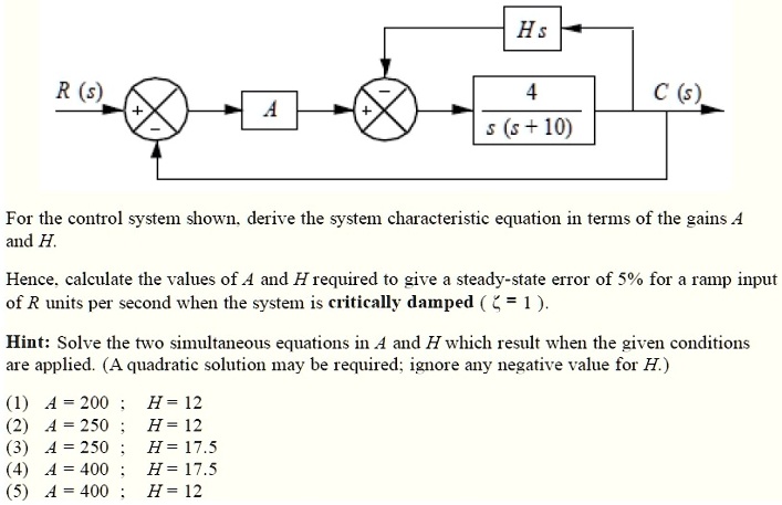 Hs R (s) 4 C (s) + A + s (s+10) For the control system shown, derive ...