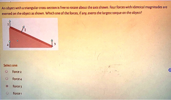 An object with triangular cross-section is free to rotate about the axis shown Four forces wlth ...