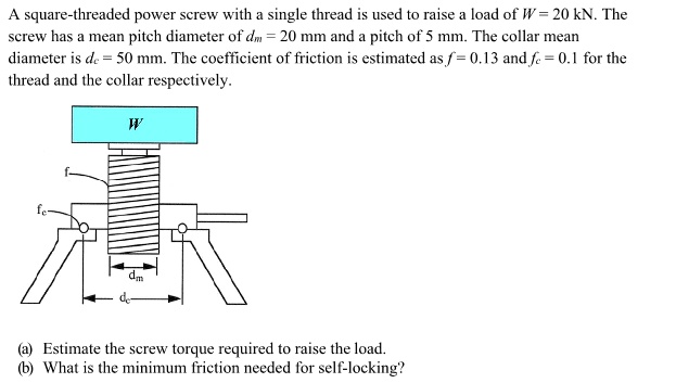 A square-threaded power screw with a single thread is used to raise a ...