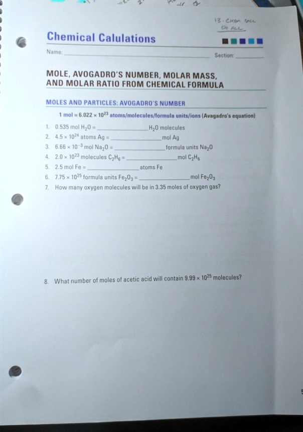 SOLVED: Cke Chemical Calulations Namo Sectlon MOLE; AVOGADRO'NUMBER, MOLAR MASS AND MOLAR RATiO ...