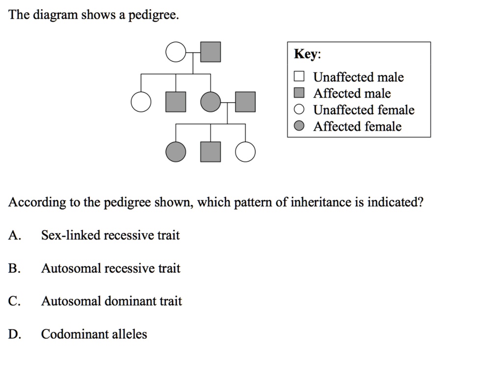 The diagram shows a pedigree. Key: Unaffected male Affected male ...
