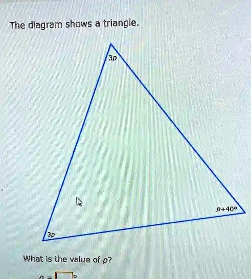 SOLVED: The diagram shows a triangle p+40o What is the value of p?