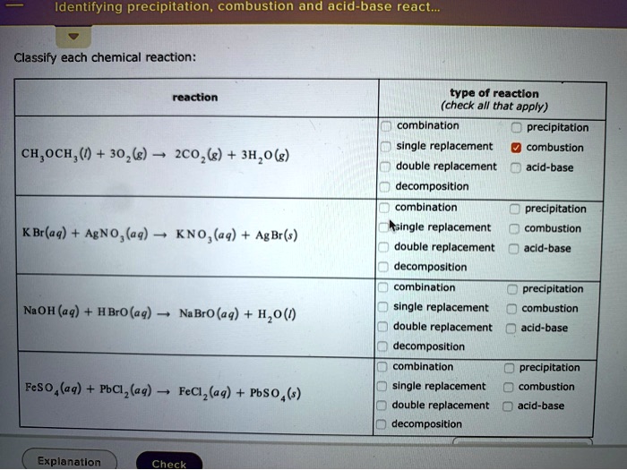 SOLVED: Identifying precipitation, combustion and acid-base react Classify each chemical ...