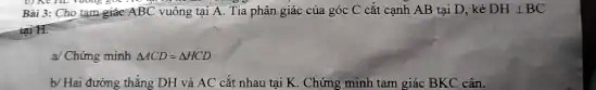 Bài 3: Cho tam giác ABC vuông t?i A. Tia phân giác c?a góc C c?t c?nh AB t?i D, k? DH ⊥BC a/ Ch ...